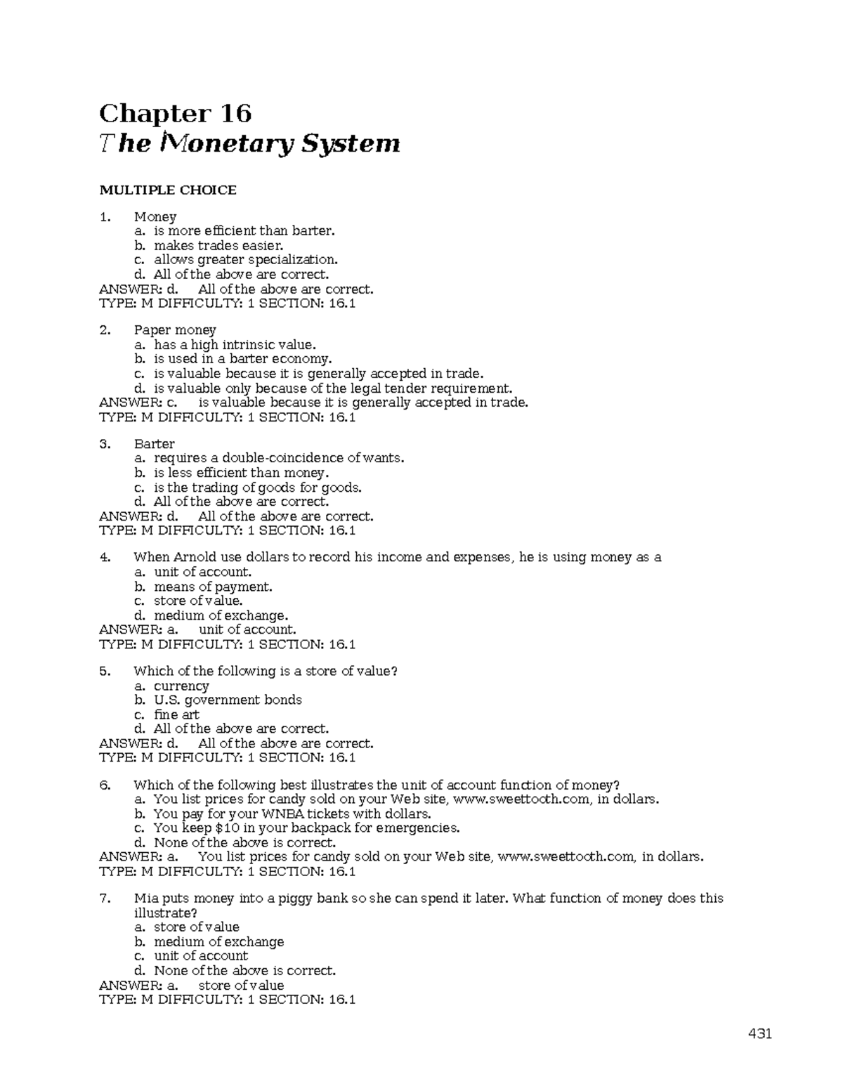 Chapter 16: The Monetary System - Multiple Choice Questions and Answers ...
