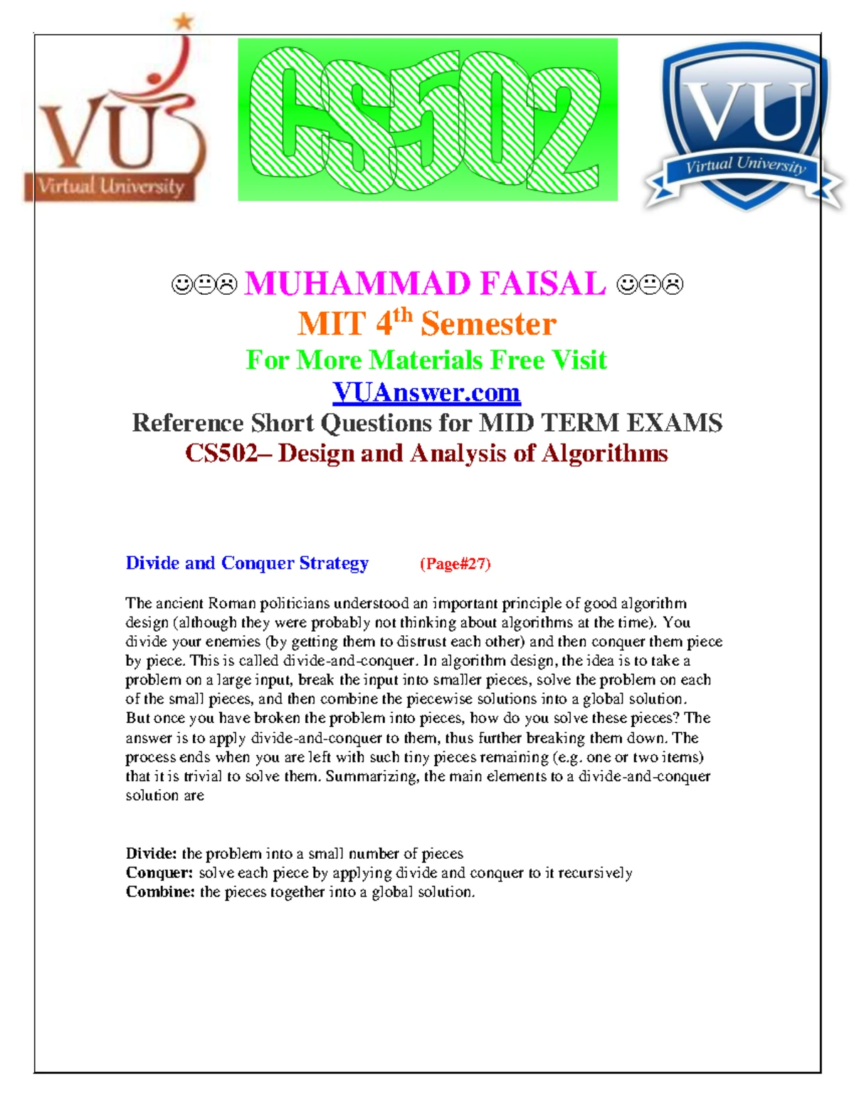 CS502 Midterm All Solved Quizes in One File - Made by Muhammad Usama and DUA sister CS502 ...