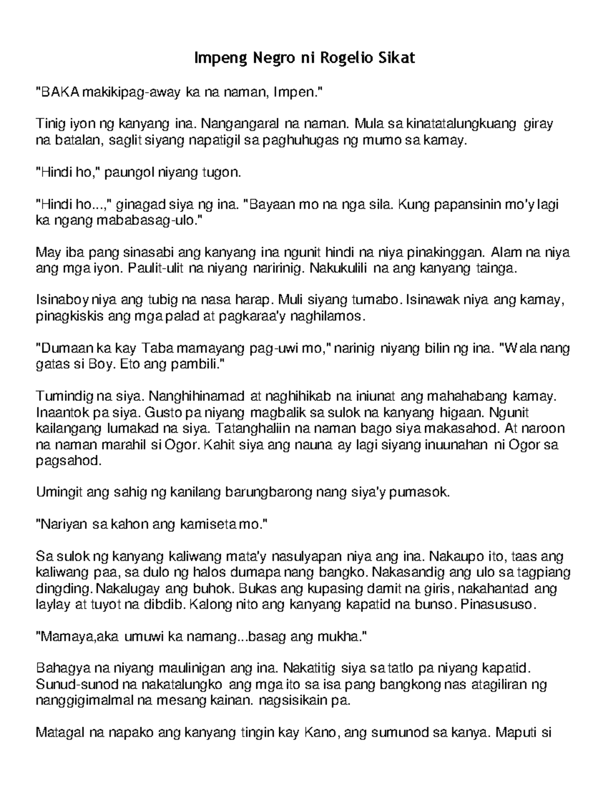 Impeng-Negro Maikling Kwento - Impeng Negro ni Rogelio Sikat "BAKA ...