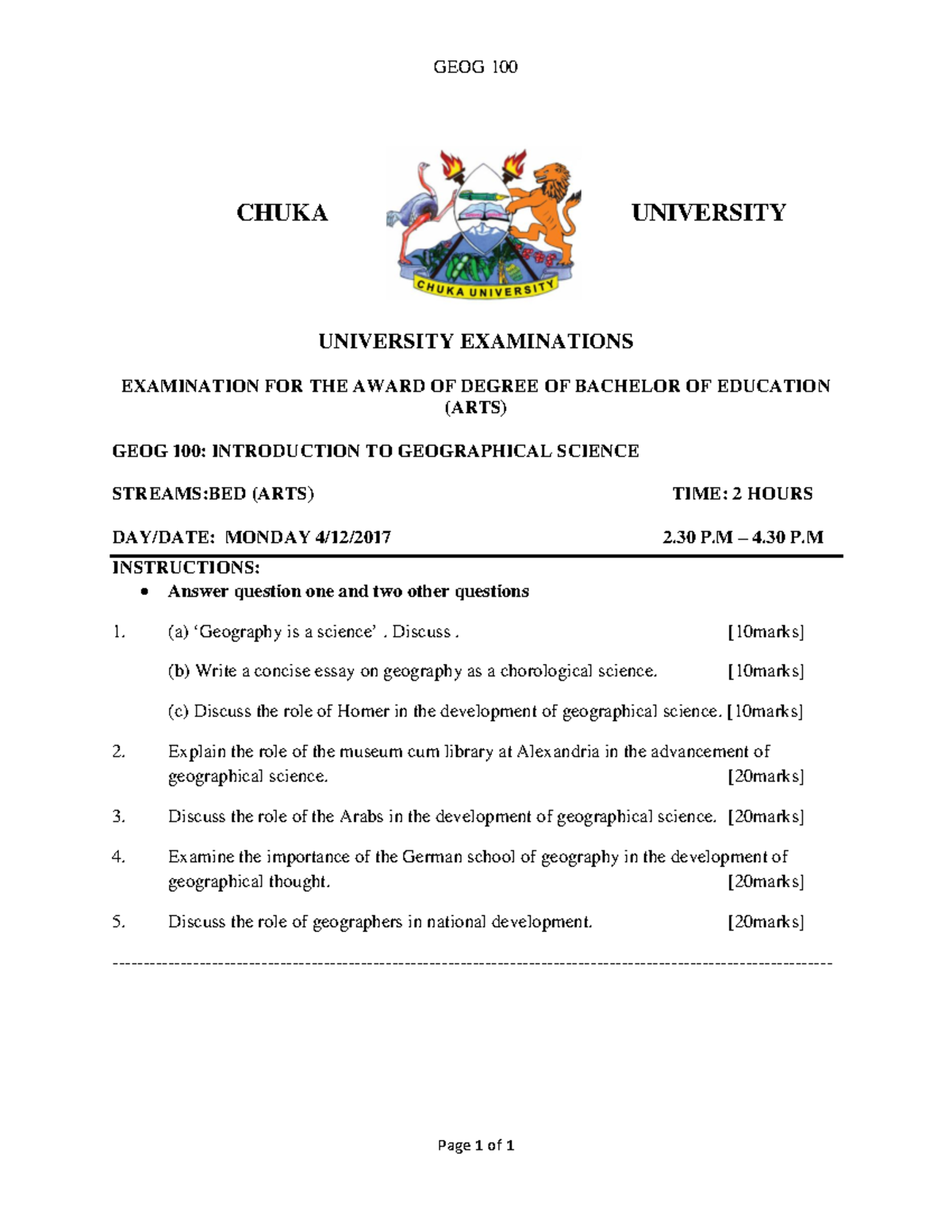 GEOG 100 - Introduction to Geographical Science Exam Questions - Studocu