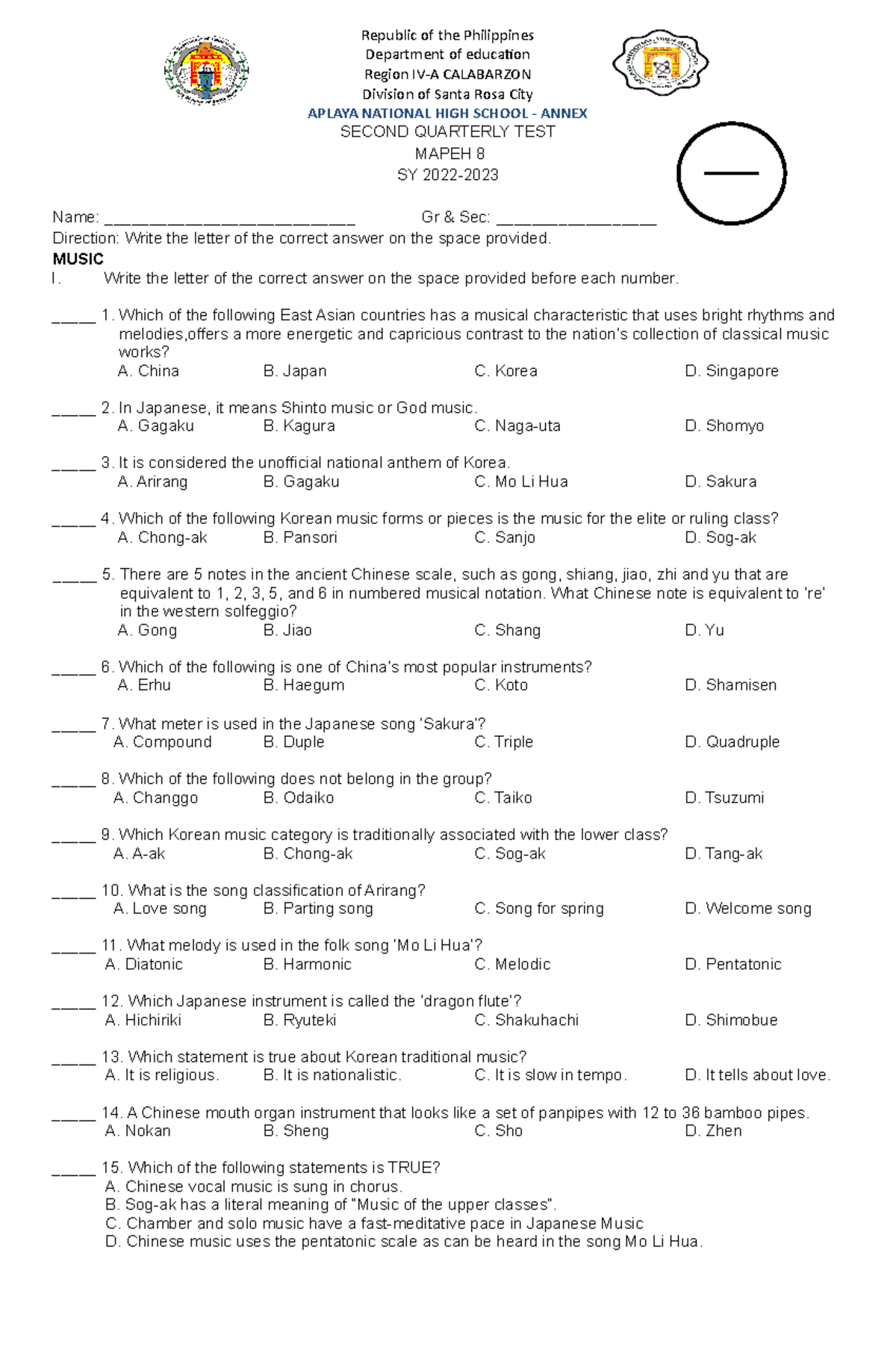2ND Quarter MAPEH 8 Test Questions & Answers - Studocu