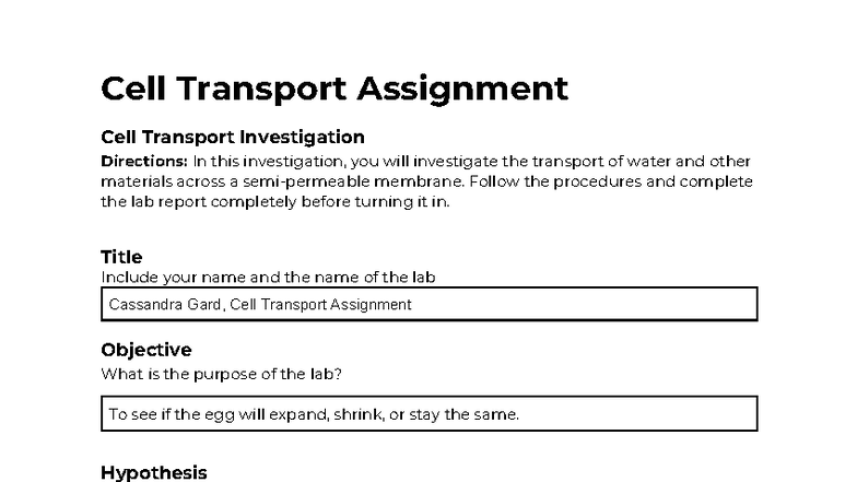 Cell Transport Lab Report: Investigating Osmosis in Eggs - Studocu