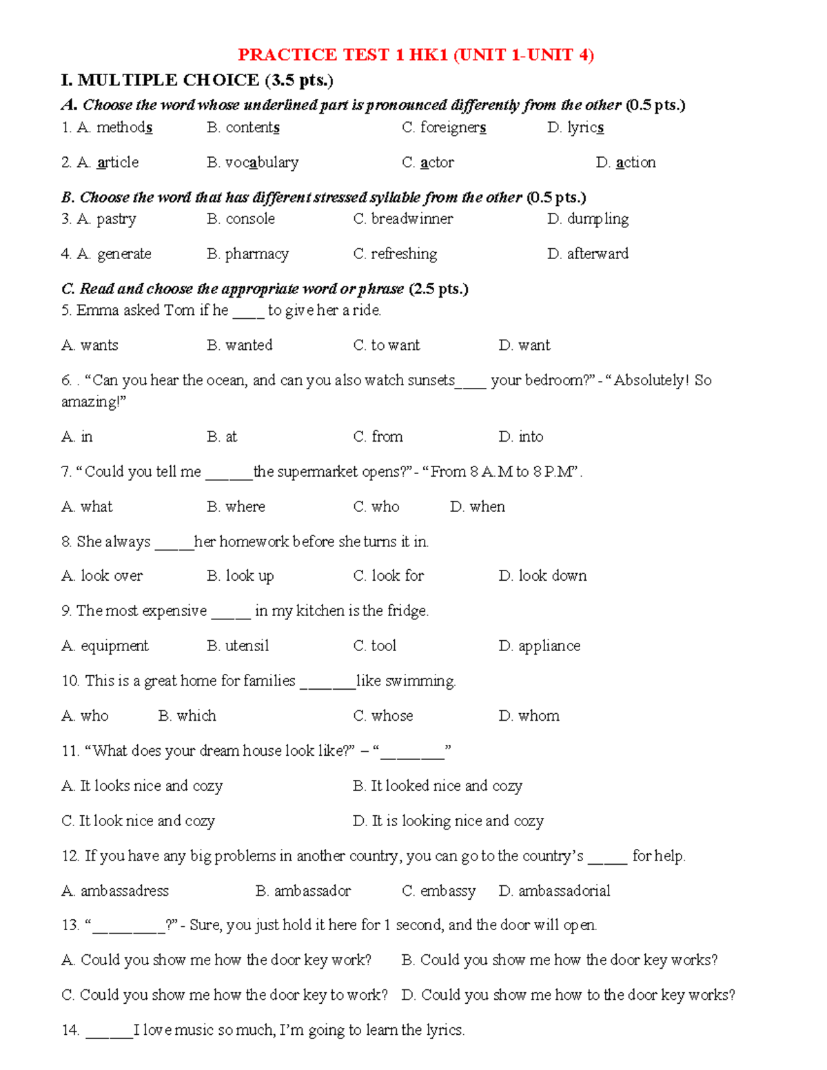 PRACTICE TEST 1 HK1 (UNIT 4) - MULTIPLE CHOICE & READING COMPREHENSION ...