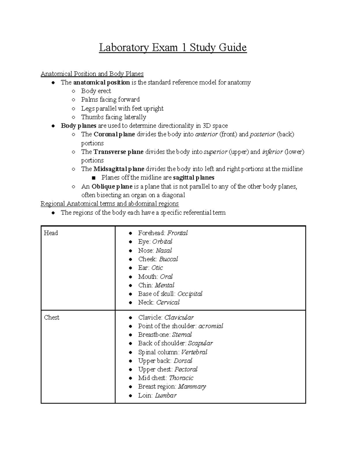 Laboratory Exam 1 Study Guide: Anatomy, Body Planes & Tissues - Studocu