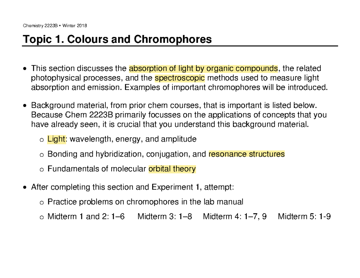 Chemistry 2223B - Winter 2018 Lecture Notes on Chromophores - Studocu