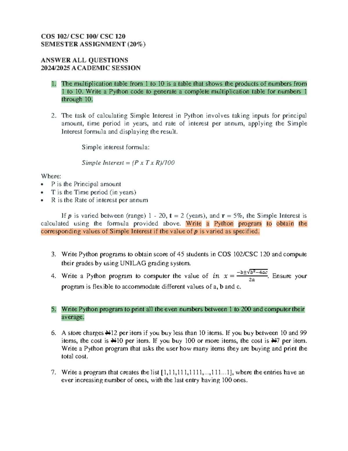 COS 120 Semester Assignment: Python Programming Tasks and Solutions ...