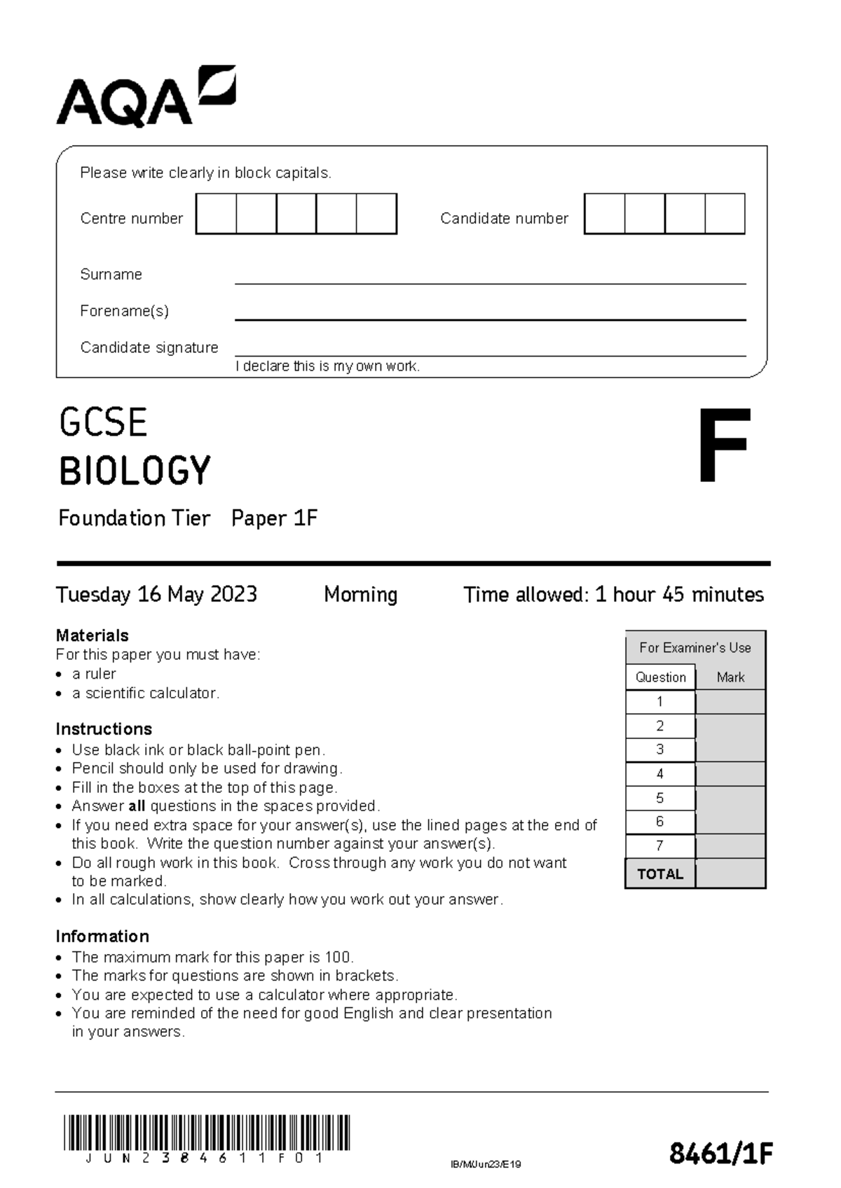 AQA 84611 F GCSE Biology Foundation Tier Paper 1F - June 2023 - Studocu
