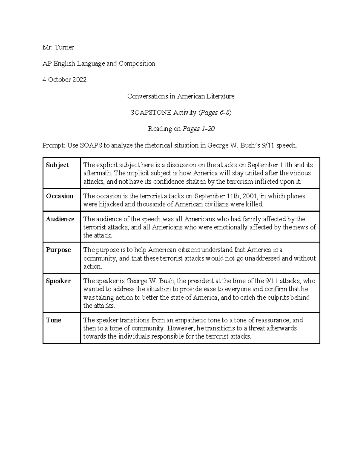 AP English Language & Comp 4: SOAPSTONE Analysis of 9/11 Speech - Studocu