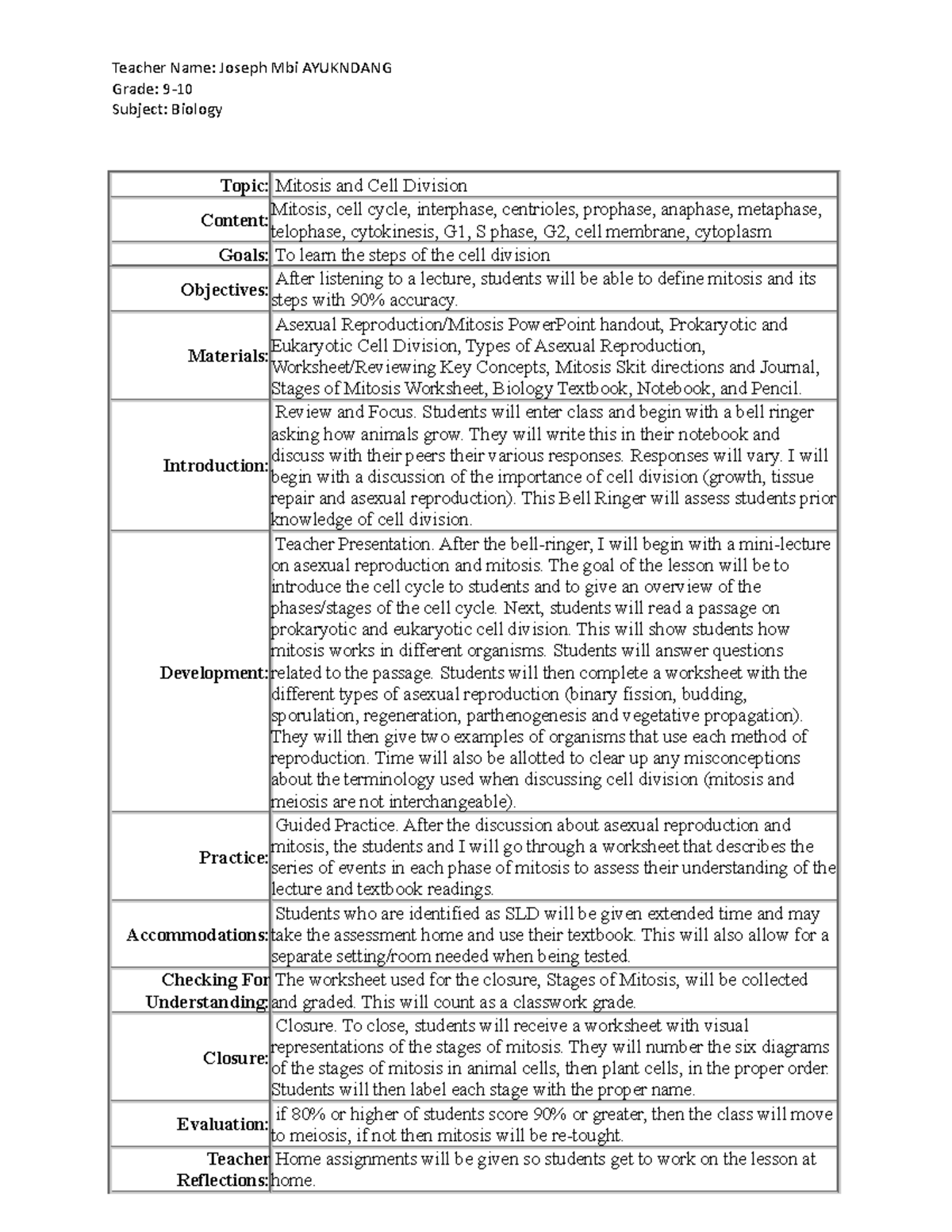 Biology 9 - Lesson Plan: Mitosis, Cell Division & Organelle Overview ...