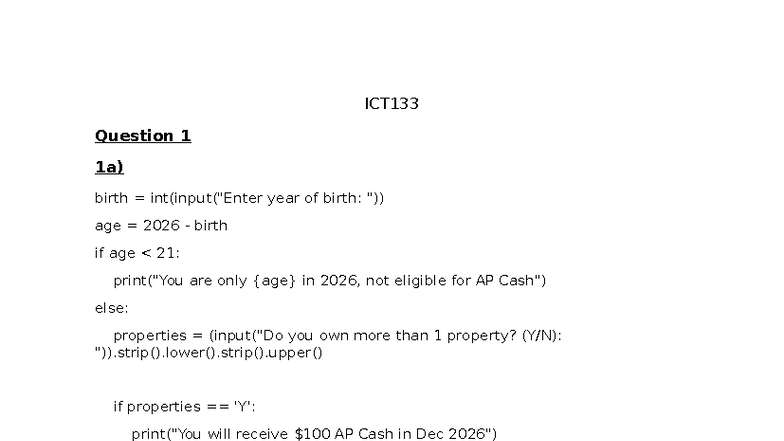 ICT133 TMA: AP Cash Eligibility & NRIC Verification Code - Studocu