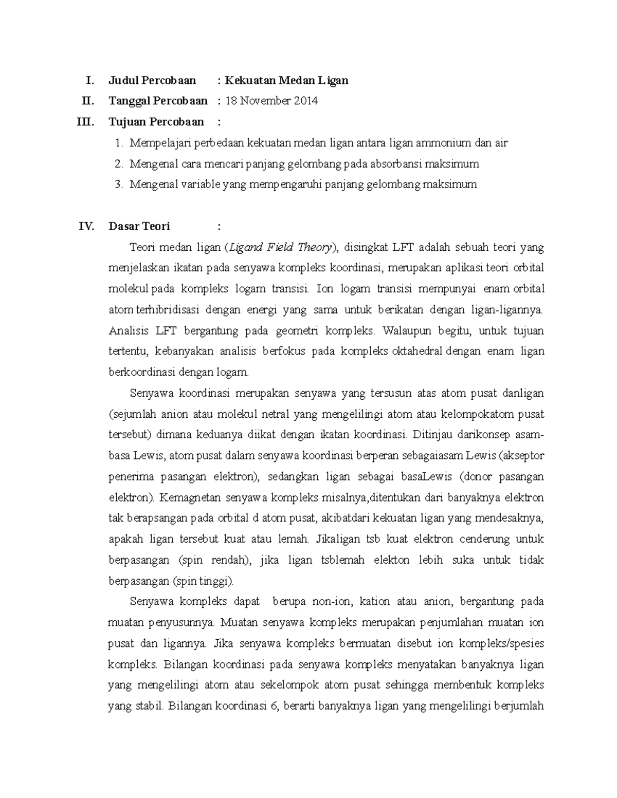 Praktikum Kekuatan Medan Ligan dalam Teori Medan Ligan (KIM201) - Studocu