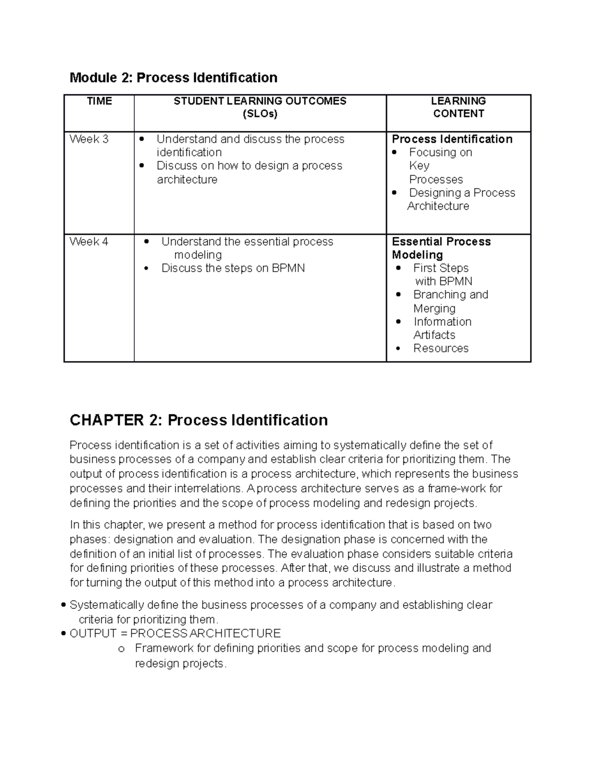 Module 2 Process Identification - Module 2: Process Identification TIME STUDENT LEARNING ...