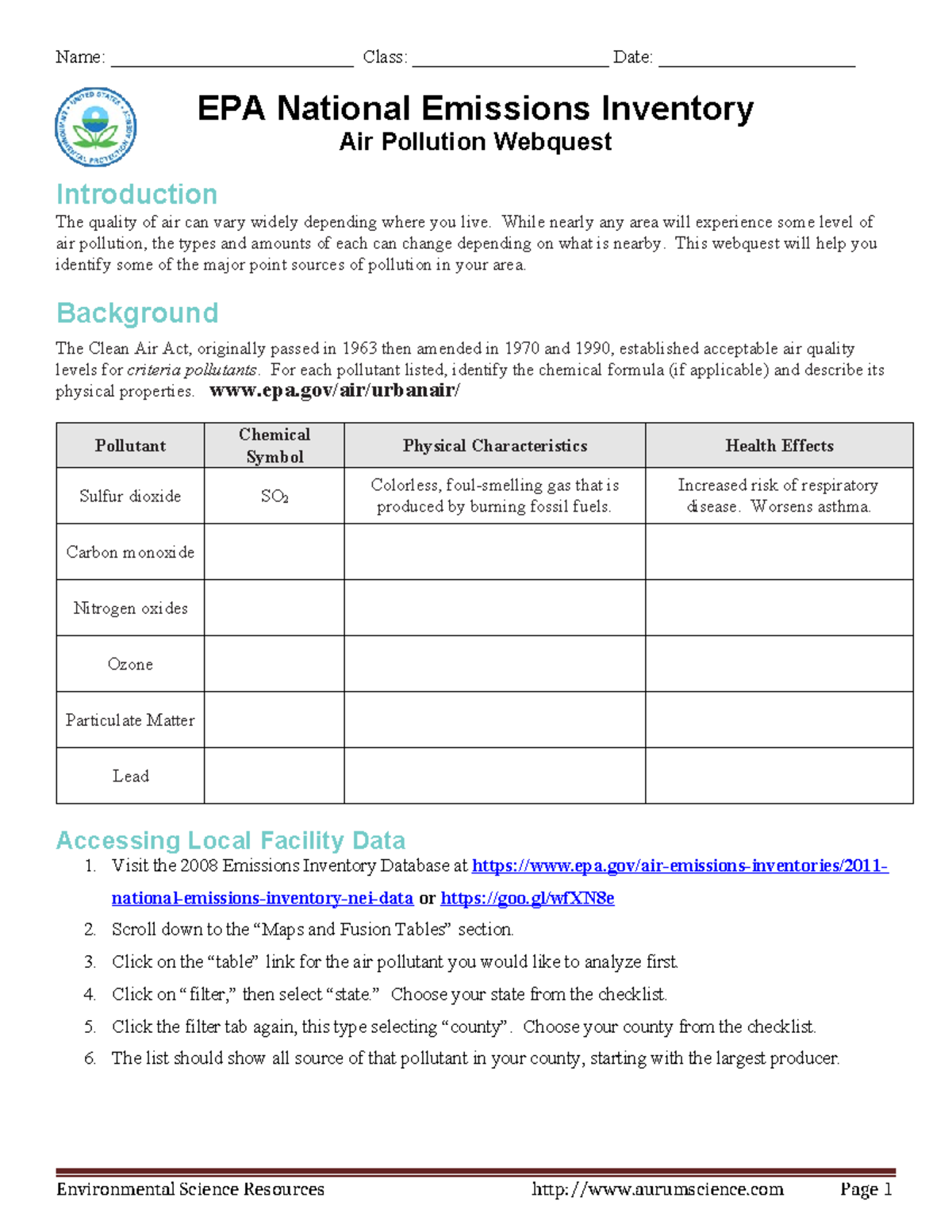 EPA Air Pollution Webquest - Ntl Emissions Inventory Study Guide - Studocu