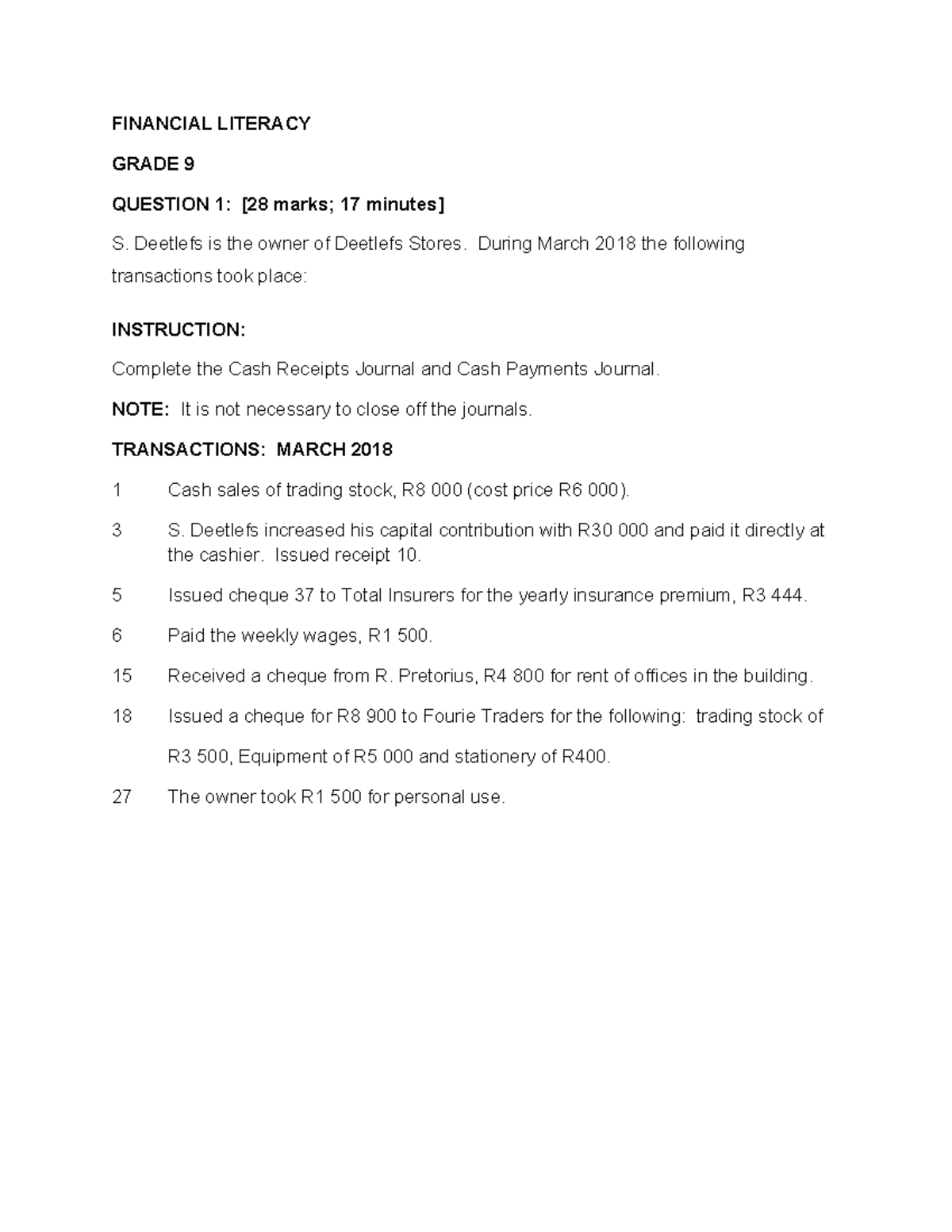 Grade 9 Term 1 Financial Literacy Worksheets & Cash Journals - Studocu