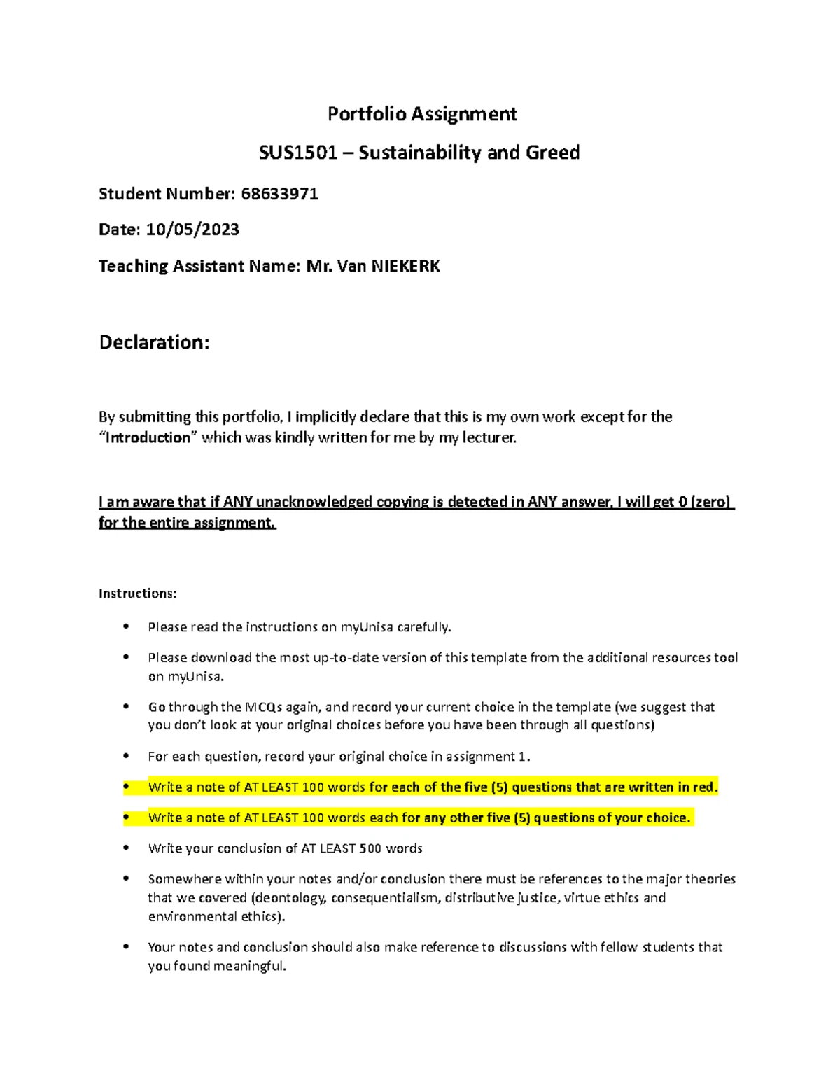 Assignment 2 - SUSTAINABILTY AND GREED SUS1501: ASSIGNMENT TWO Student ...