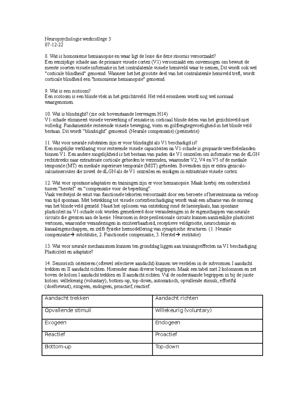 Neuropsychologie Werkcollege 3: Homonieme Hemianopsie & Aandacht ...