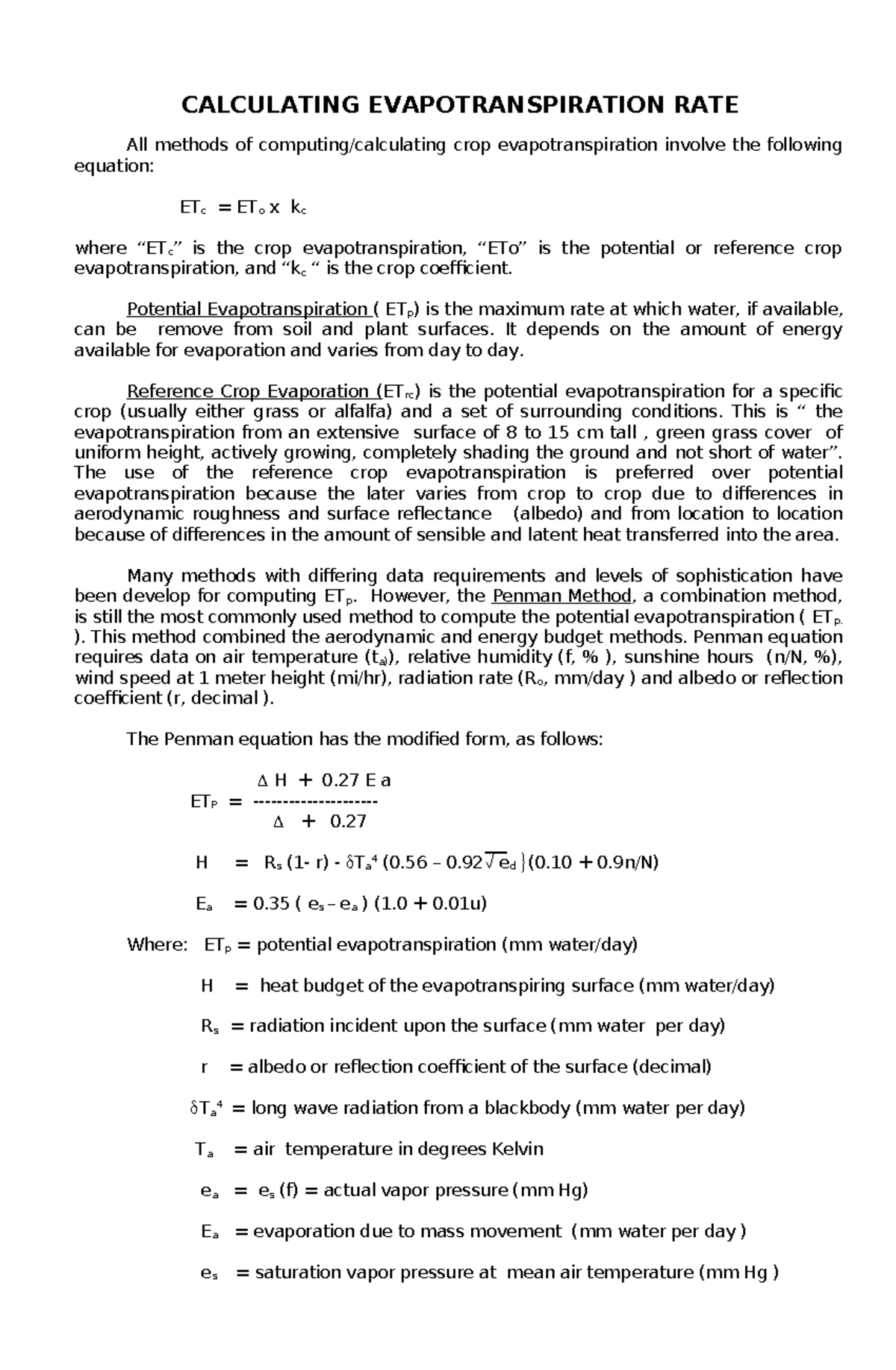 Calculating Crop Evapotranspiration: Methods and Equations - Studocu