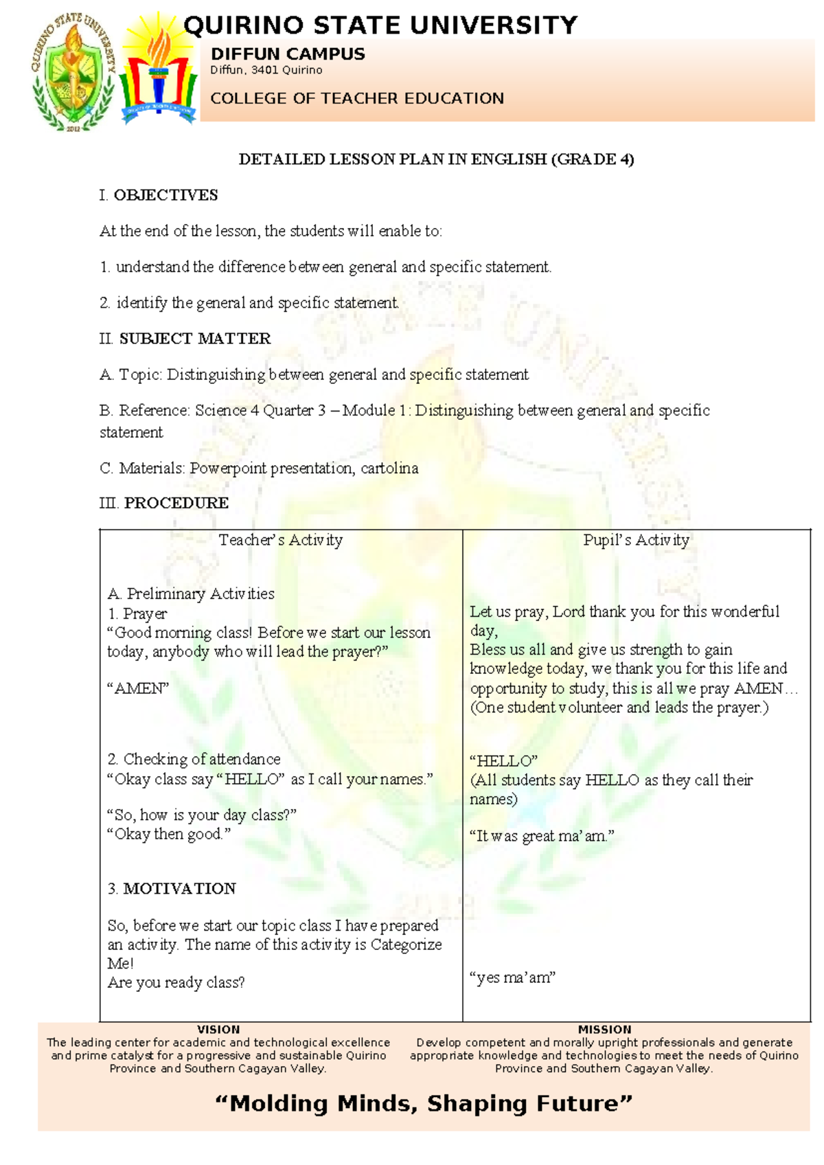 LP- English 4- Lesson Plan on General and Specific Statements - Studocu