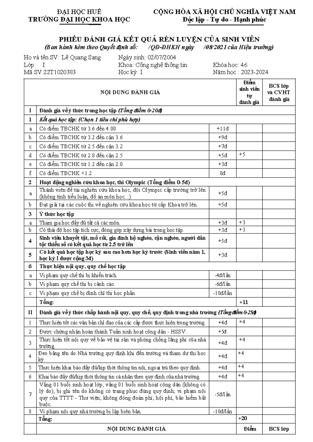 Phiếu Đánh Giá Kết Quả Rèn Luyện Sinh Viên - Khóa 46 - Studocu