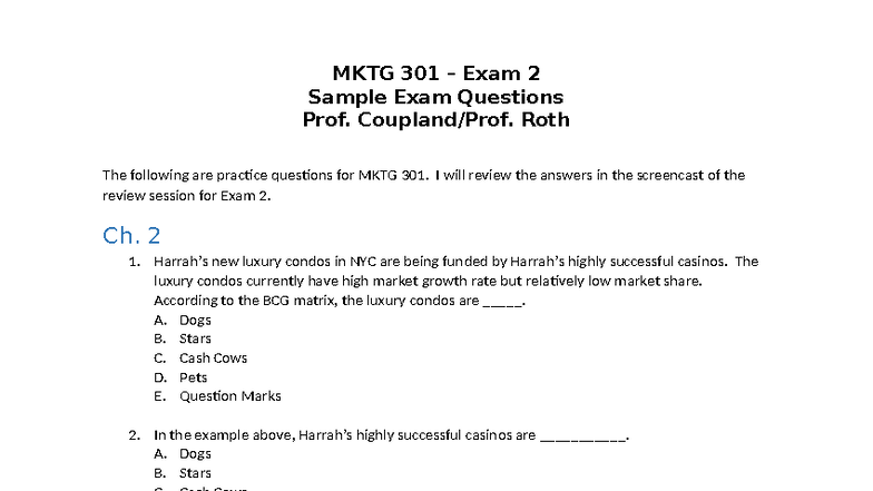 MKTG 301 - Exam 2 Practice Questions by Prof. Roth - Studocu