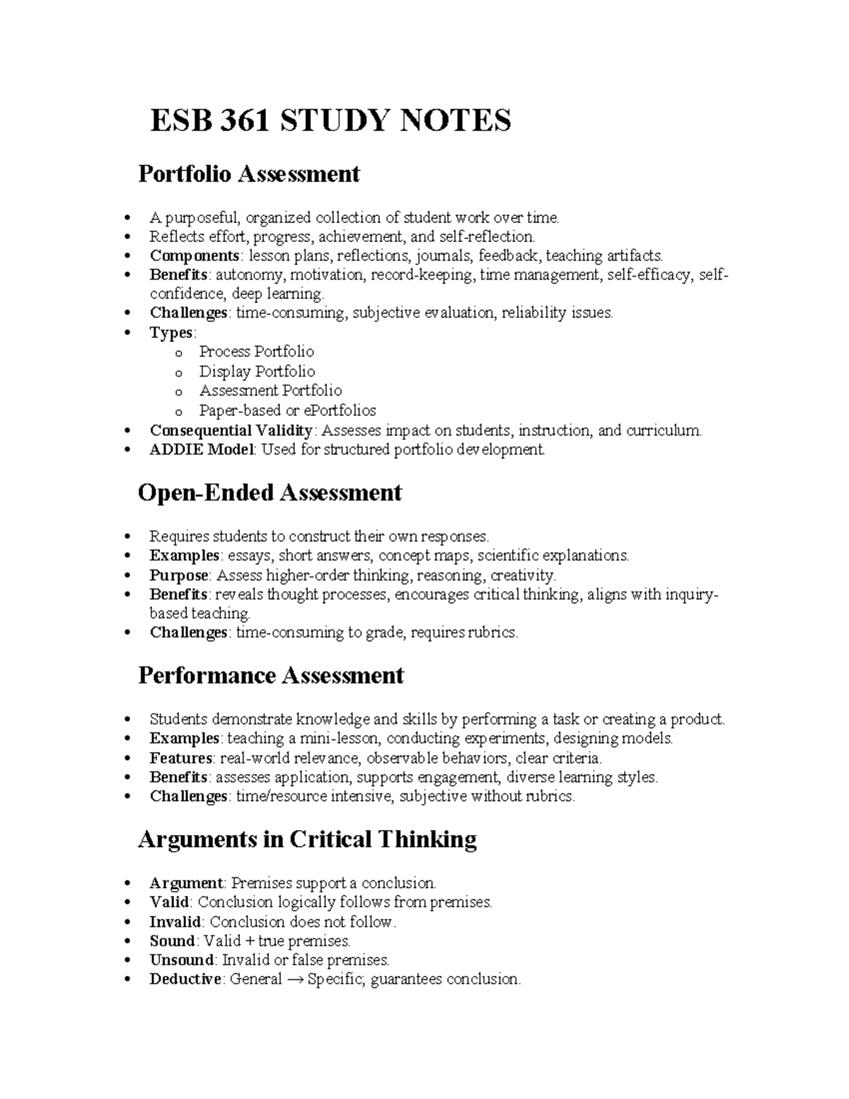 ESB 361 Study Notes: Comprehensive Guide to Assessment Strategies - Studocu