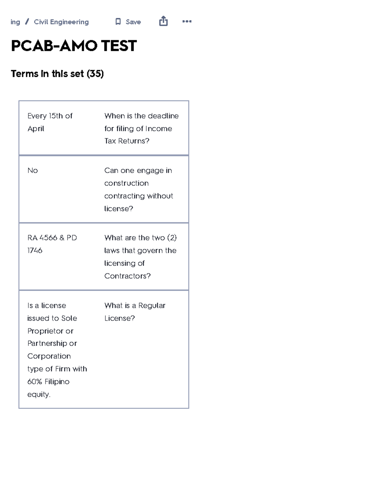 PCAB-AMO Construction Industry Licensing & Safety Quiz Flashcards - Studocu