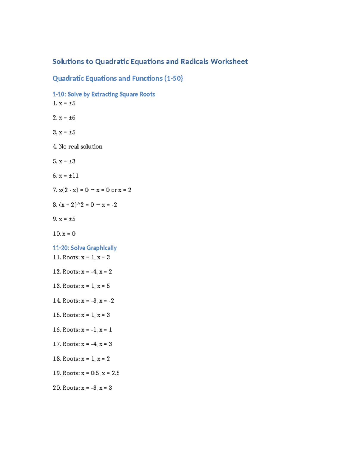 MTH101: Quadratic Equations and Radicals Solutions Worksheet - Studocu