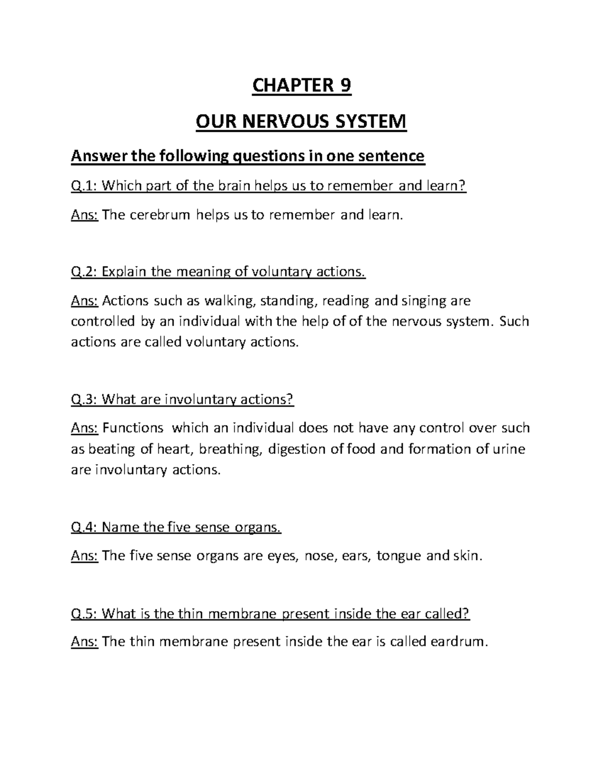 Nervous System Study Notes for Class 5: Chapter 9 Overview - Studocu
