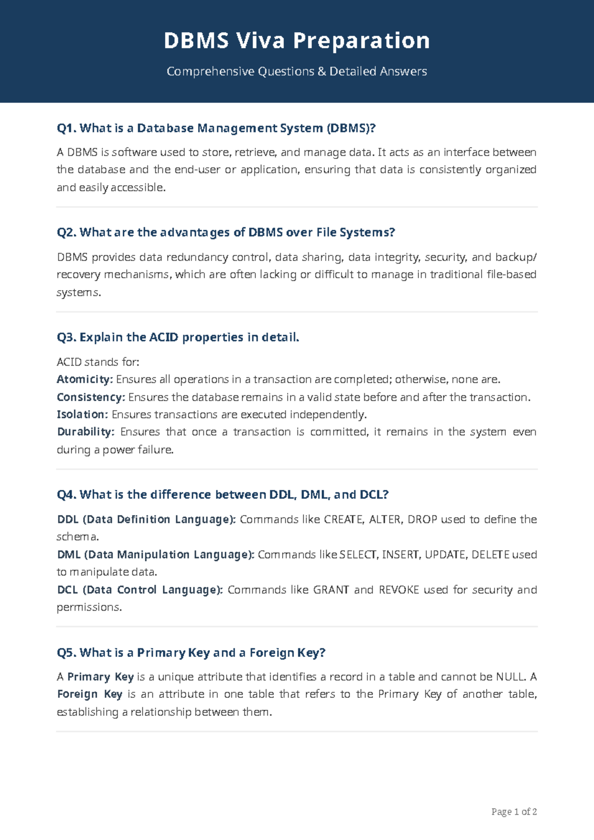 DBMS Viva Prep: Comprehensive Q&A for Exam Success - Studocu