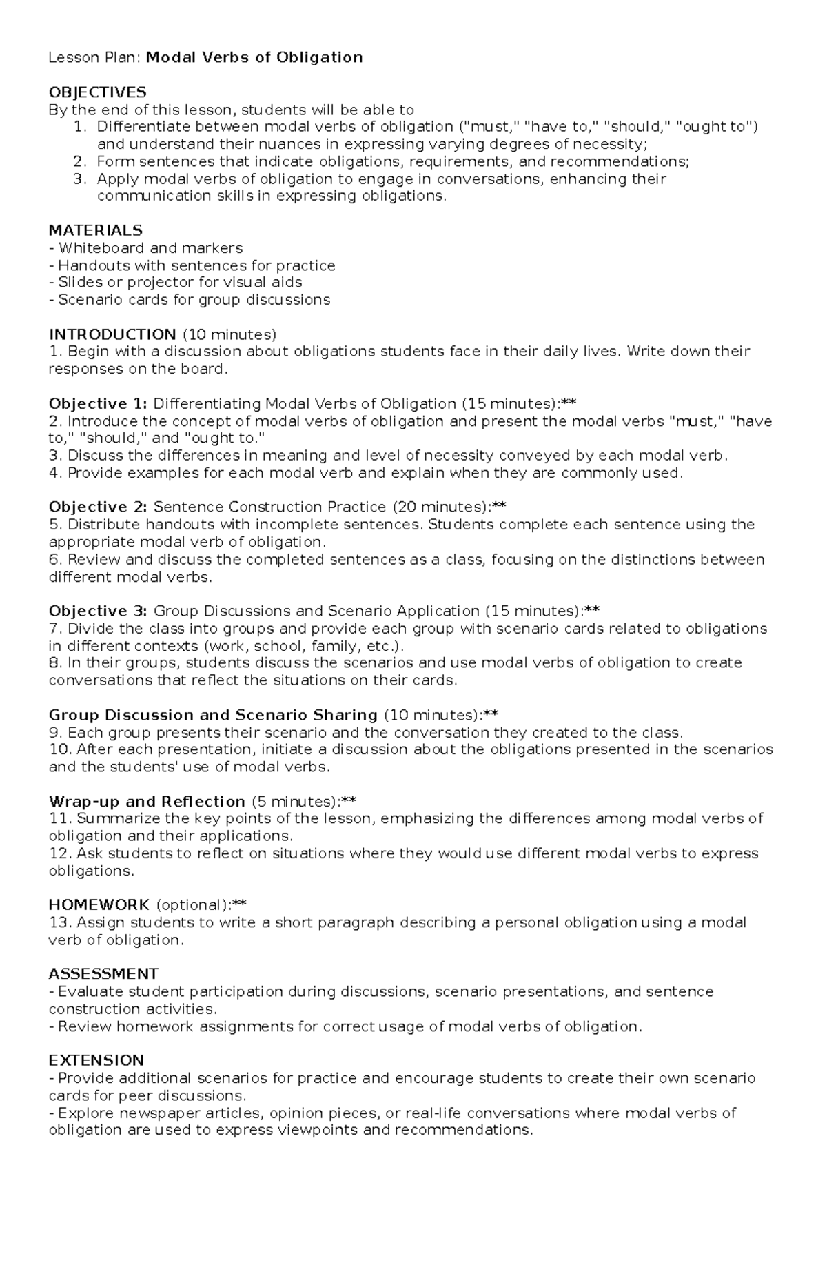 Lesson Plan: Understanding Modal Verbs of Obligation (ENG 101) - Studocu