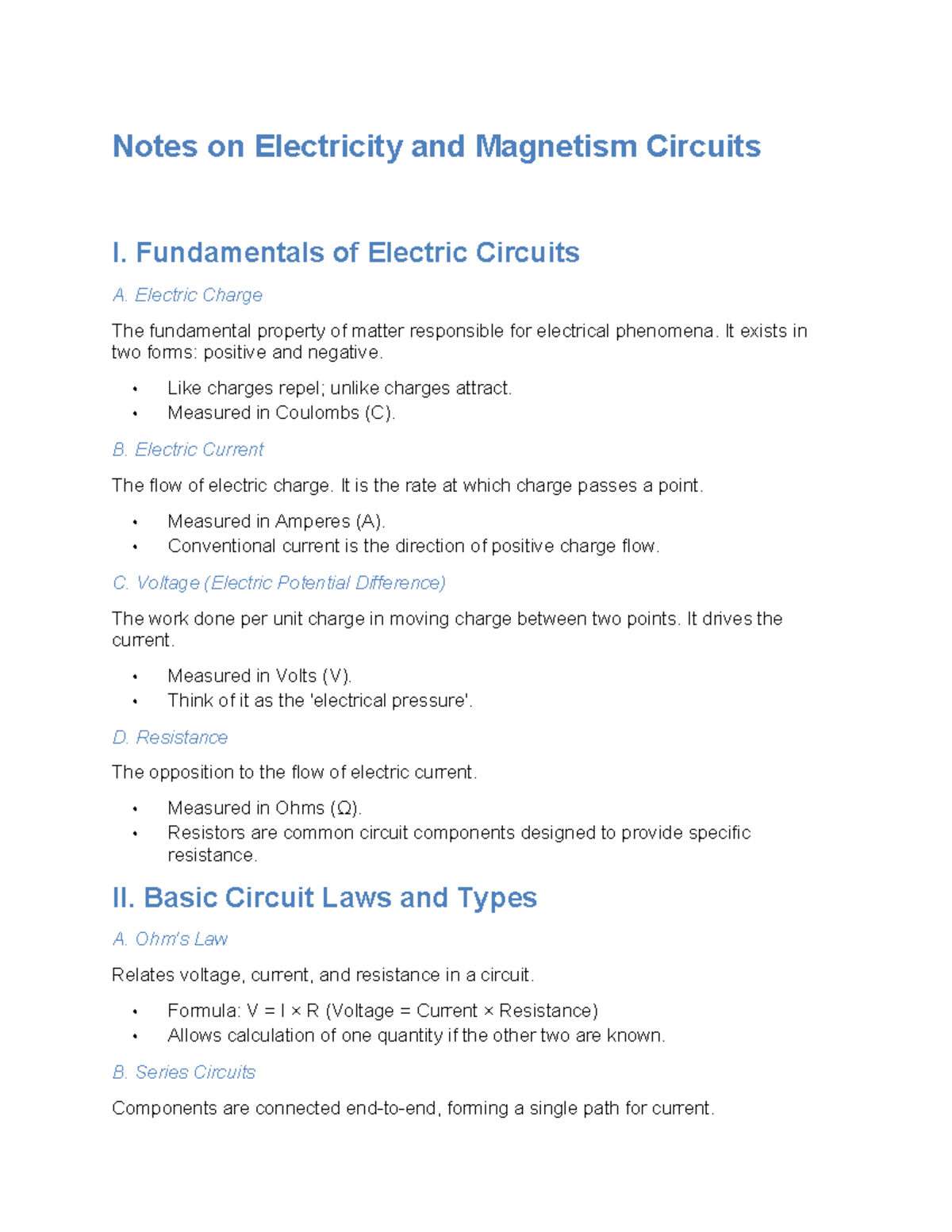 Electricity and Magnetism: Circuits I Overview and Key Concepts - Studocu