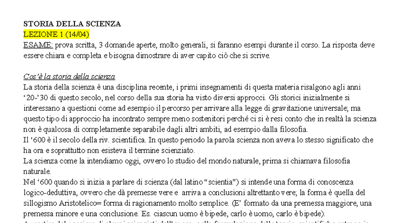 STORIA DELLA SCIENZA: LEZIONE 1 - ESAME E APPUNTI ESSENZIALI - Studocu