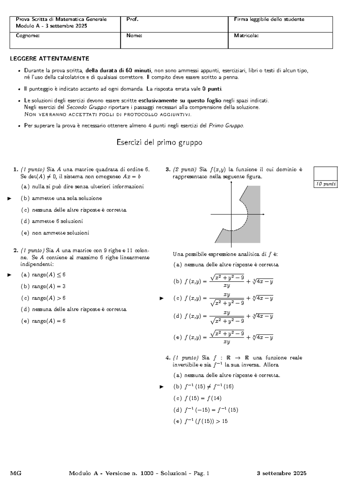 Prova Scritta di Matematica Generale Modulo A - Soluzioni 3 Settembre 2025 - Studocu