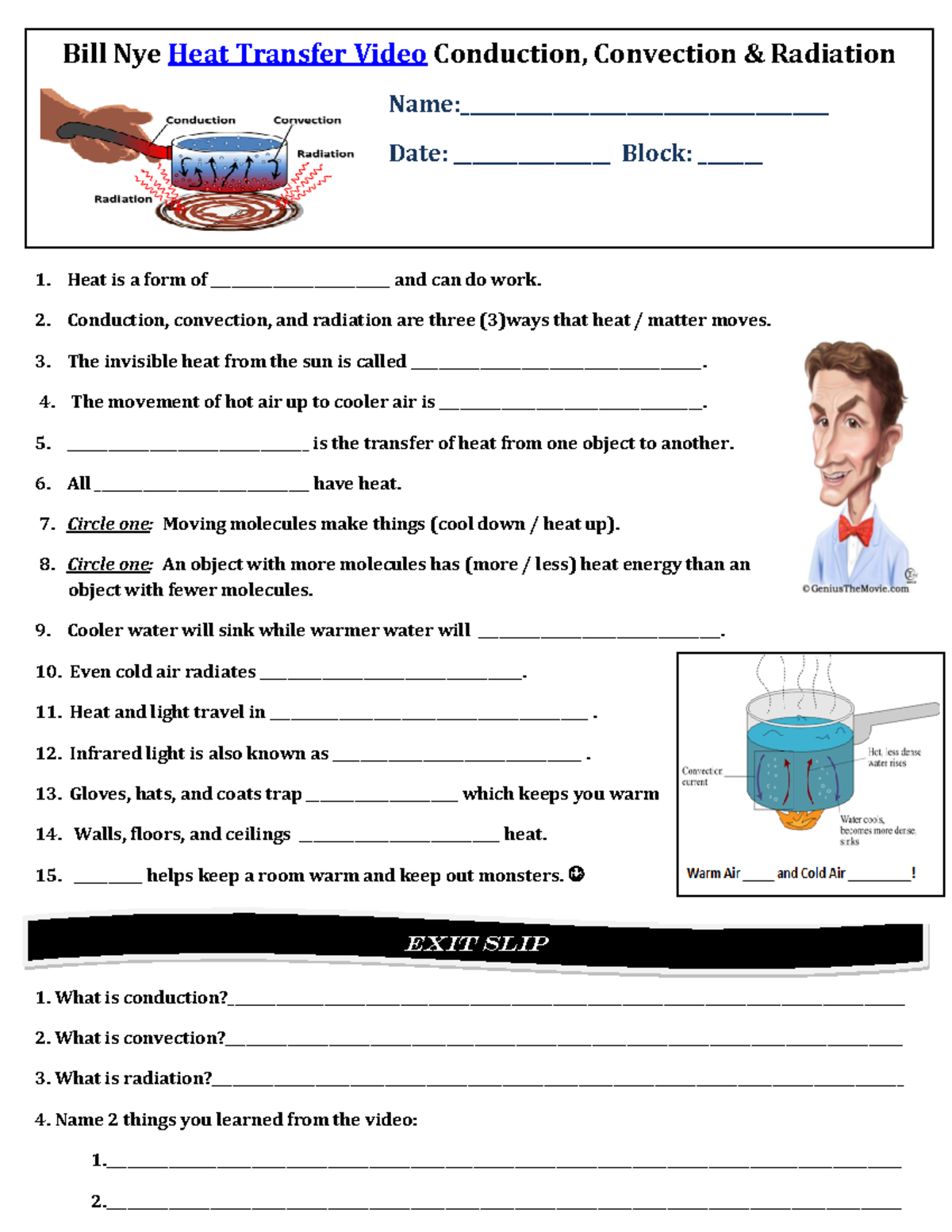 Bill Nye Heat Transfer Video Questions & Exit Slip Worksheet - Studocu