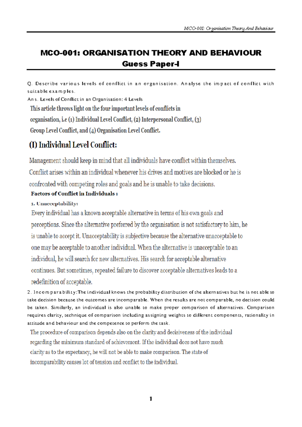 MCO-01 Em Guess Paper: Levels of Conflict & Job Satisfaction Analysis ...