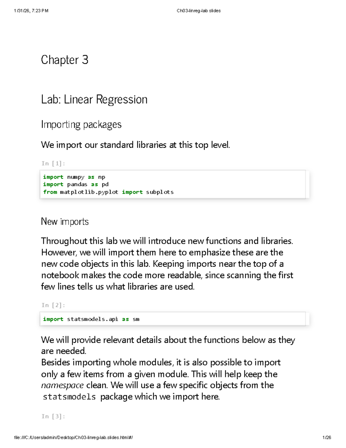 Ch03: Linear Regression Lab Slides - Importing Packages & Models - Studocu