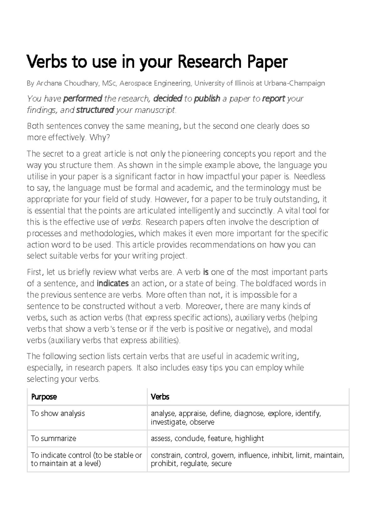 Verbs to use in your Research Paper - Both sentences convey the same ...