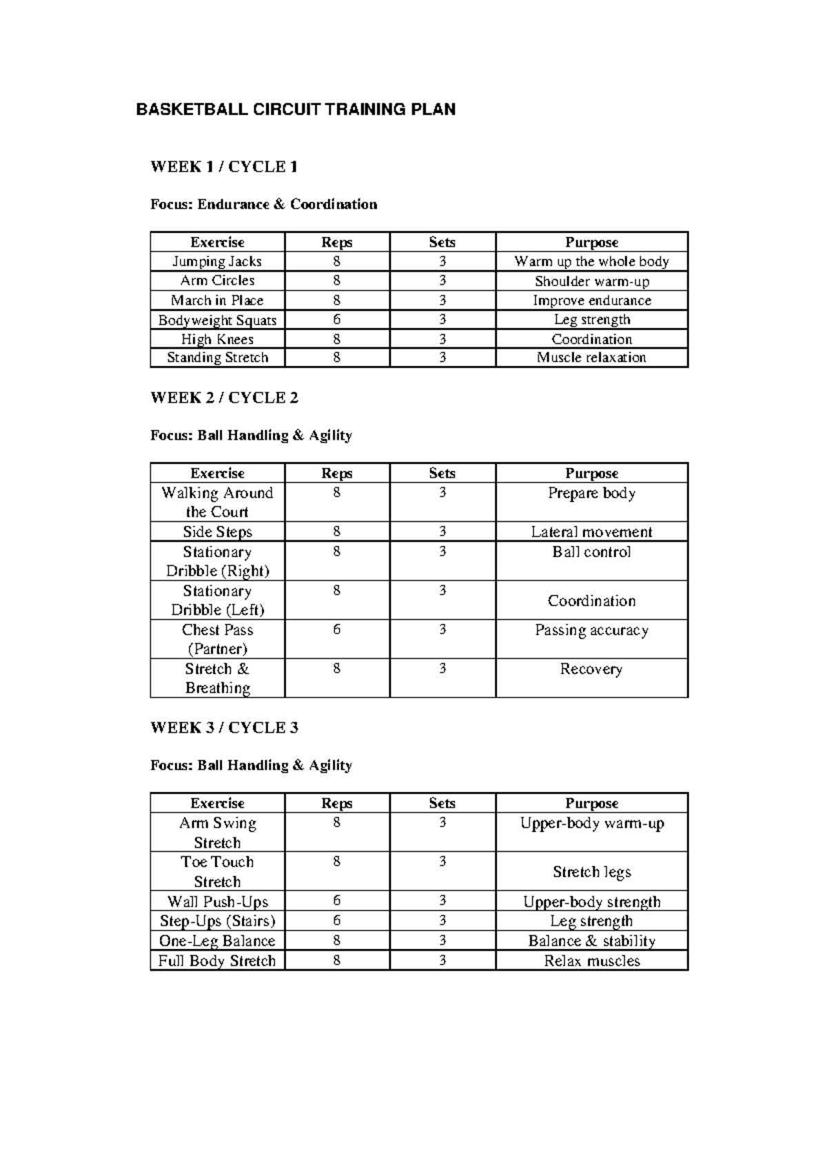 Basketball Circuit Training Plan: Week 1-3 Overview - Studocu