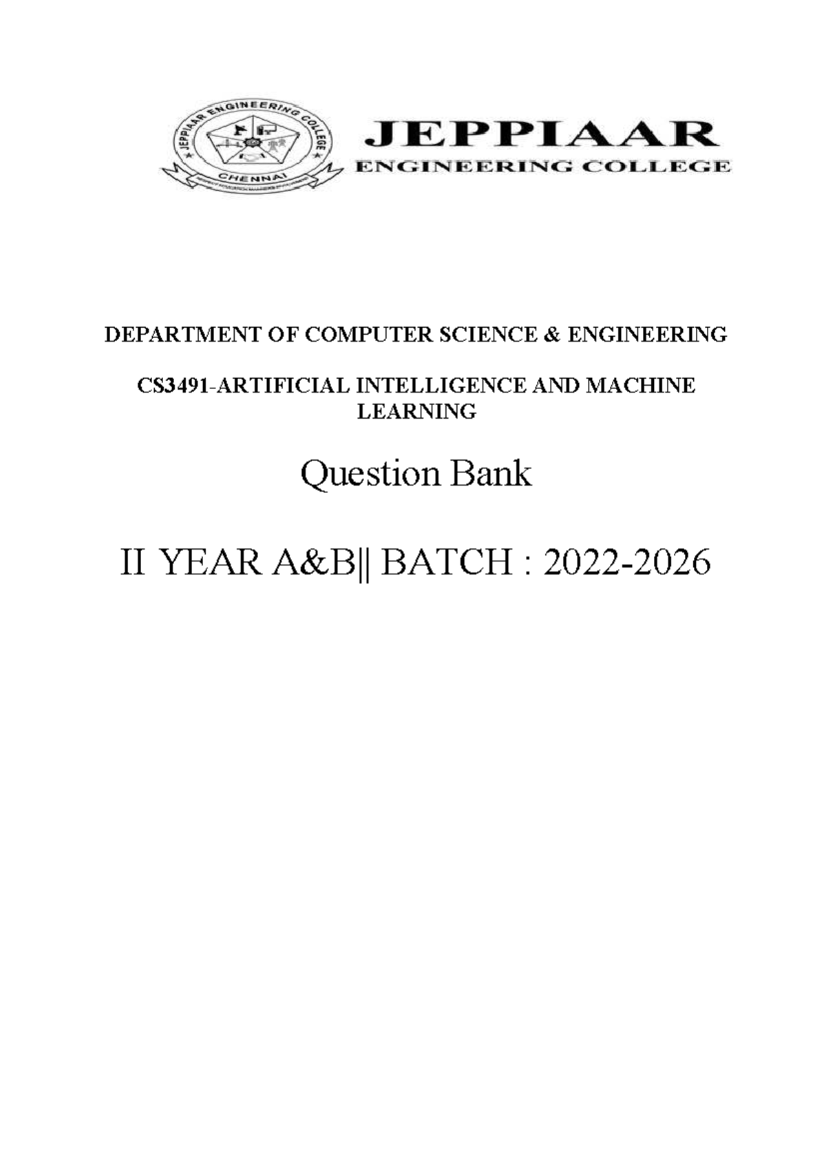 CS3491 Question Bank: Artificial Intelligence & Machine Learning - Studocu
