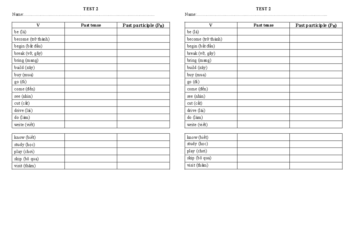TEST 2: Past Tense and Past Participle Review - Studocu