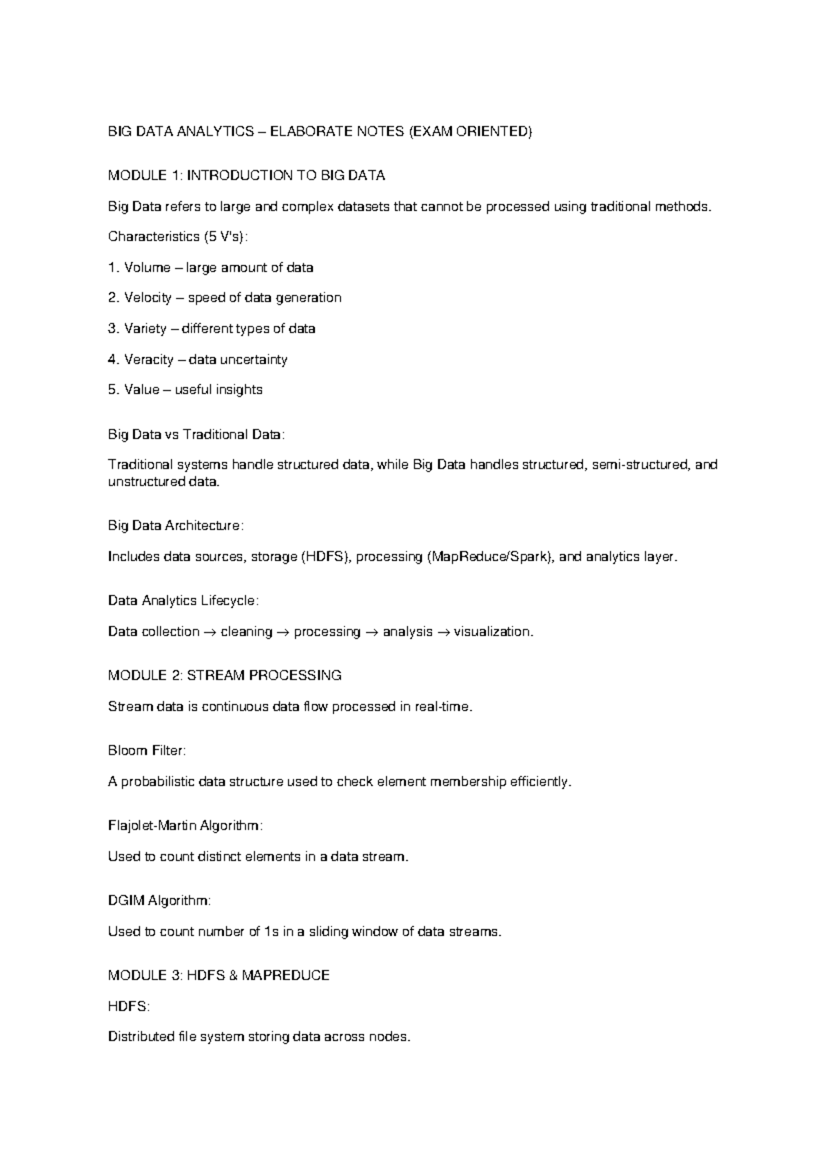 BIG DATA ANALYTICS ELABORATE NOTES (EXAM ORIENTED) MODULE 1-5 - Studocu