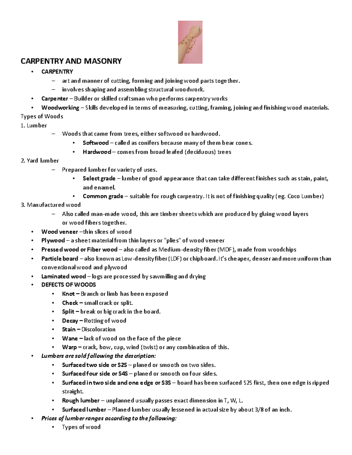 TLE- Notes on Carpentry and Masonry Techniques - Studocu