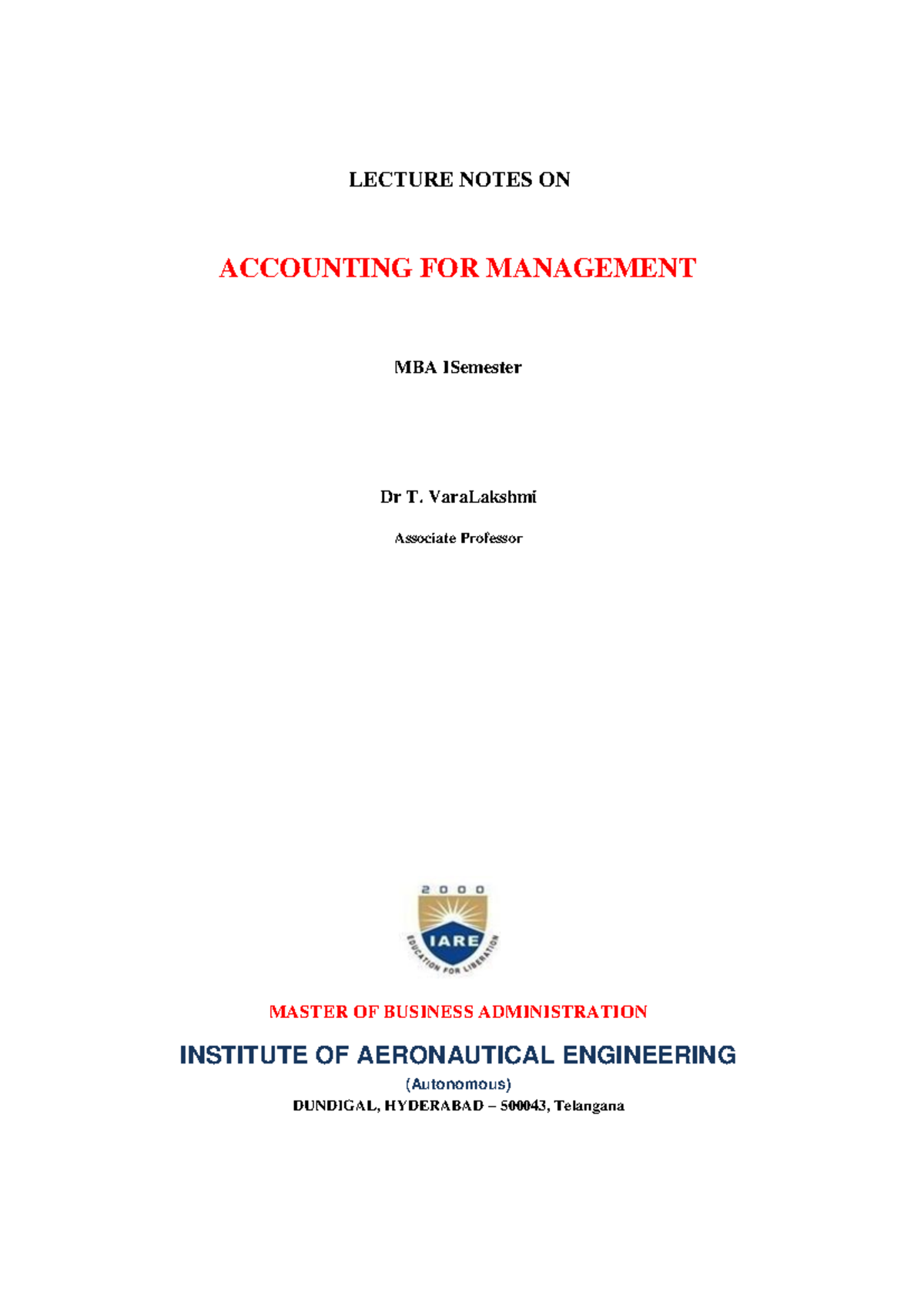MBA I Semester AFM Lecture Notes: Accounting for Management - Studocu
