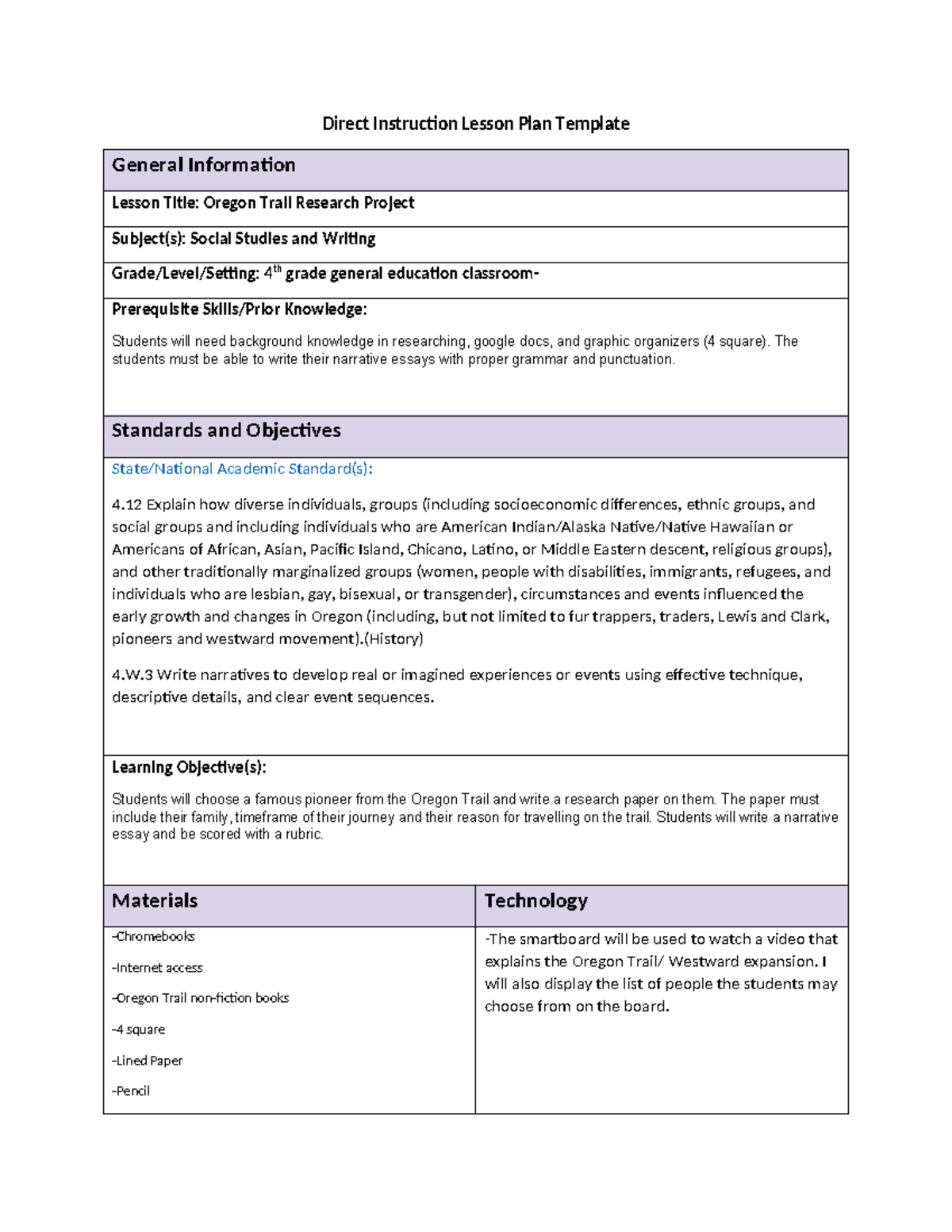 Disciplinary Writing Task 2 - Direct Instruction Lesson Plan Template ...