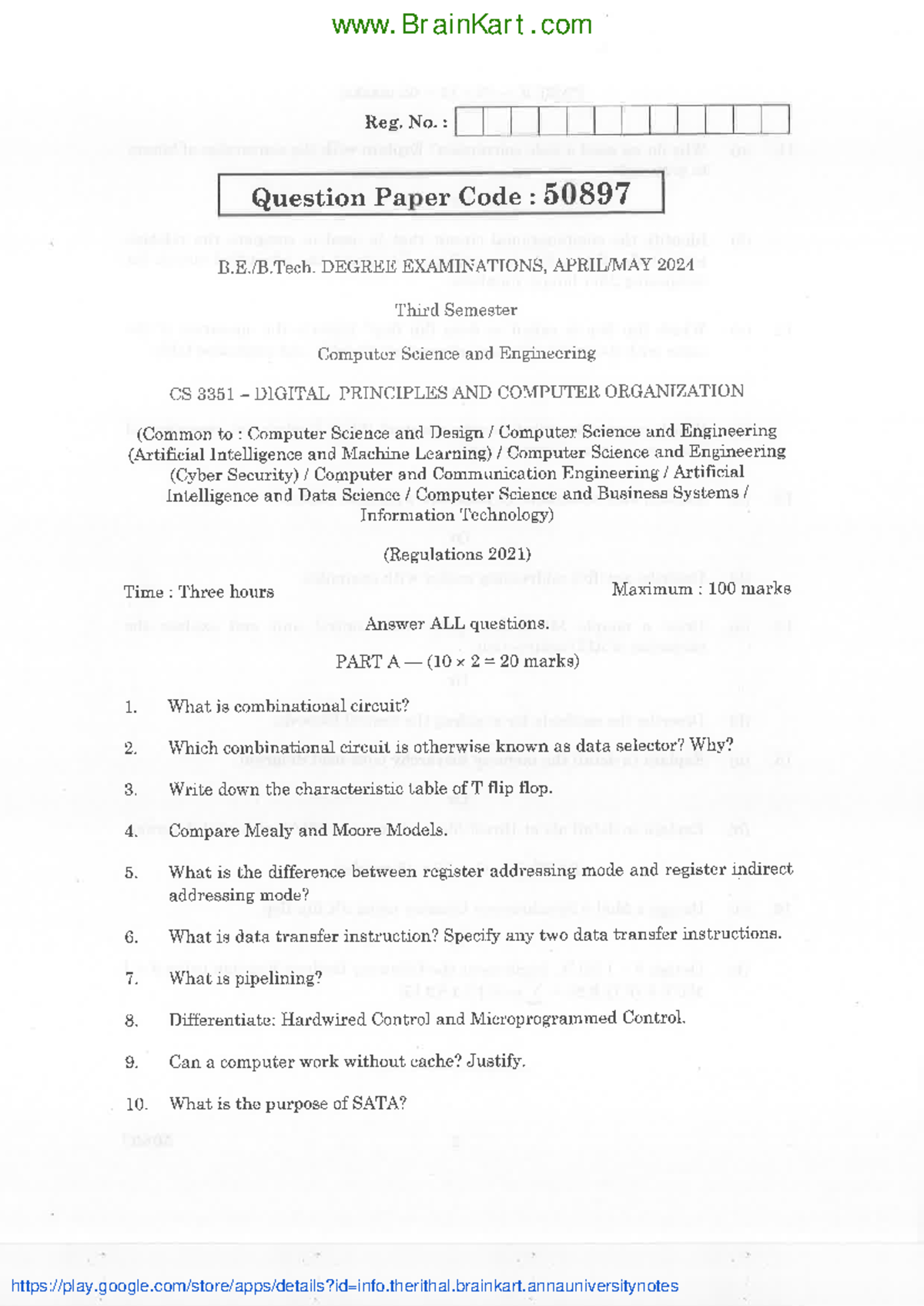 Digital Principles and Computer Organization - CS3351 Question Paper ...