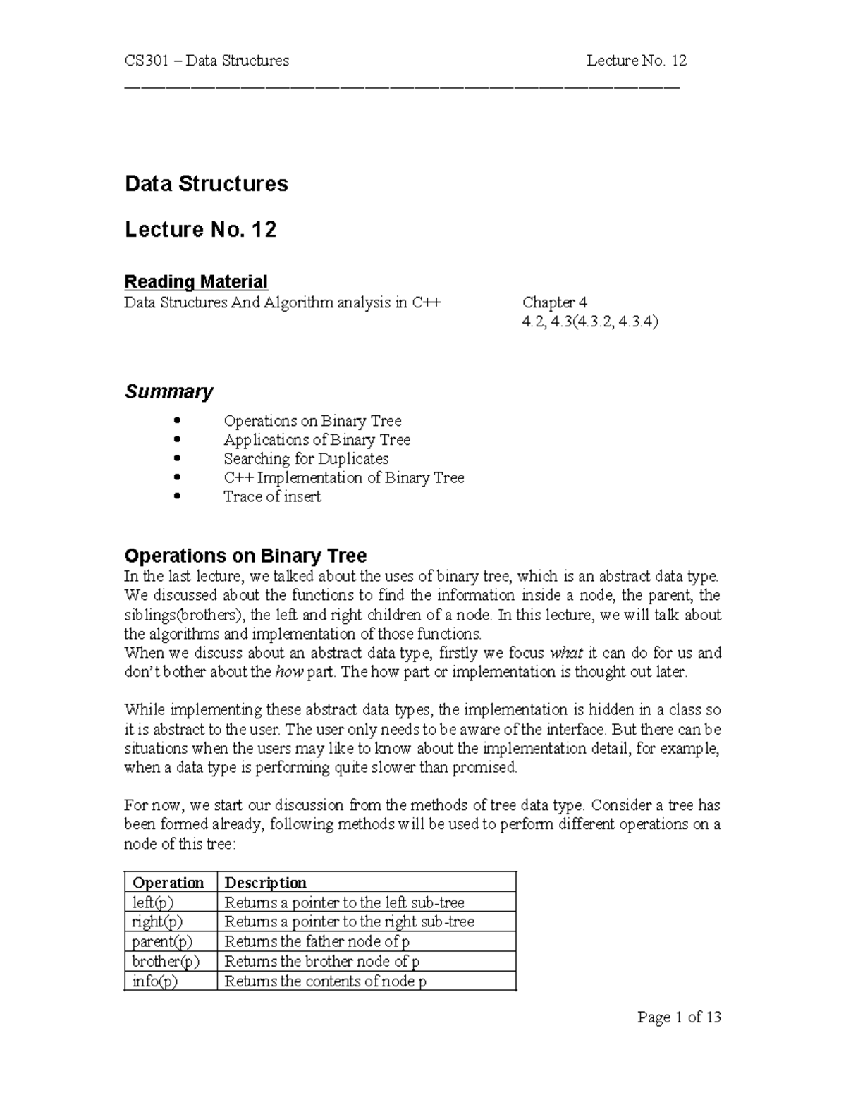 CS301 Data Structures Lecture 12: Binary Tree Operations & Applications - Studocu