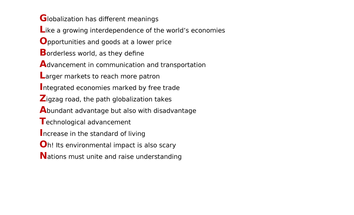 Acrostic Poem about Globalization - Globalization has different ...