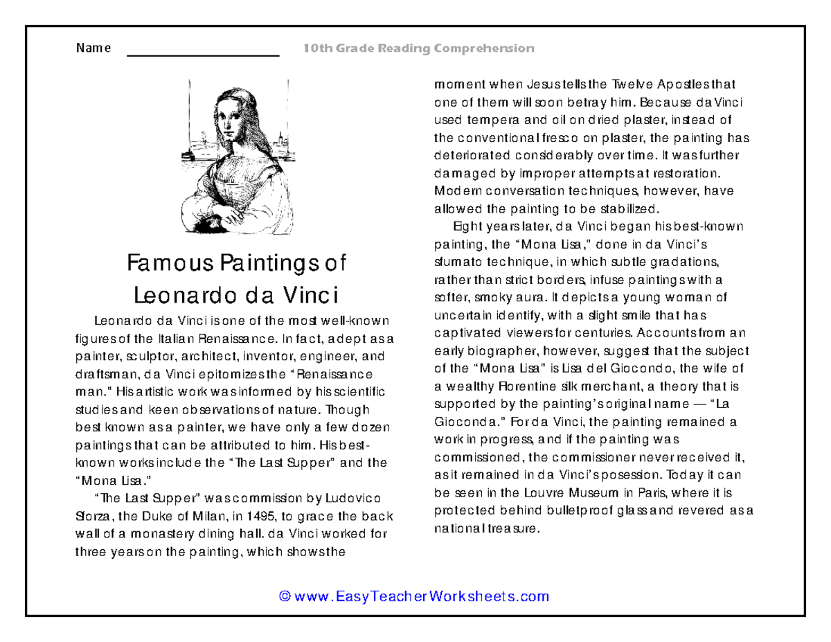 10th Grade Reading Comprehension: Leonardo da Vinci's Masterpieces ...