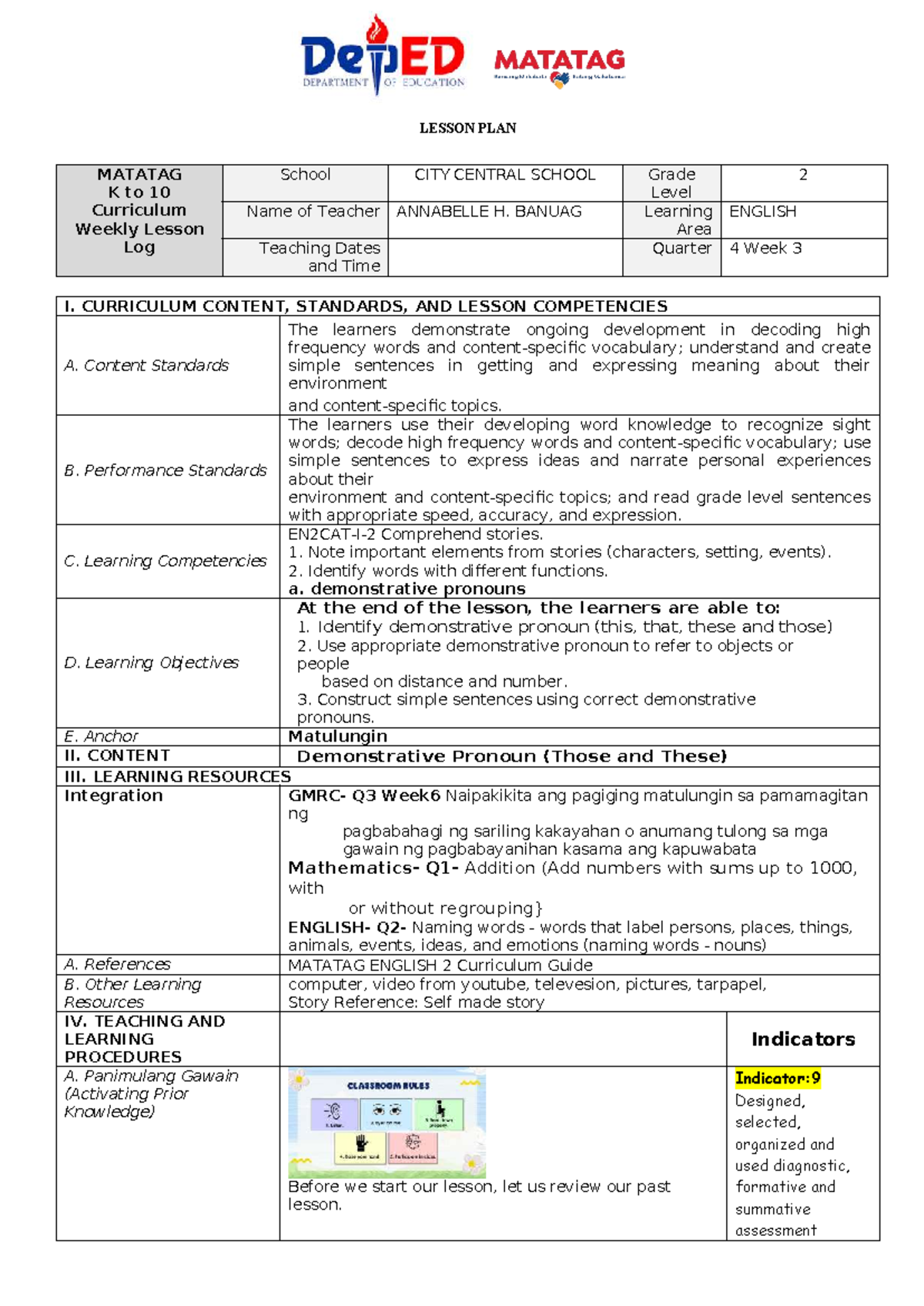 CO WEEK 3 ENGLISH 4 LESSON PLAN: DEMONSTRATIVE PRONOUNS - Studocu