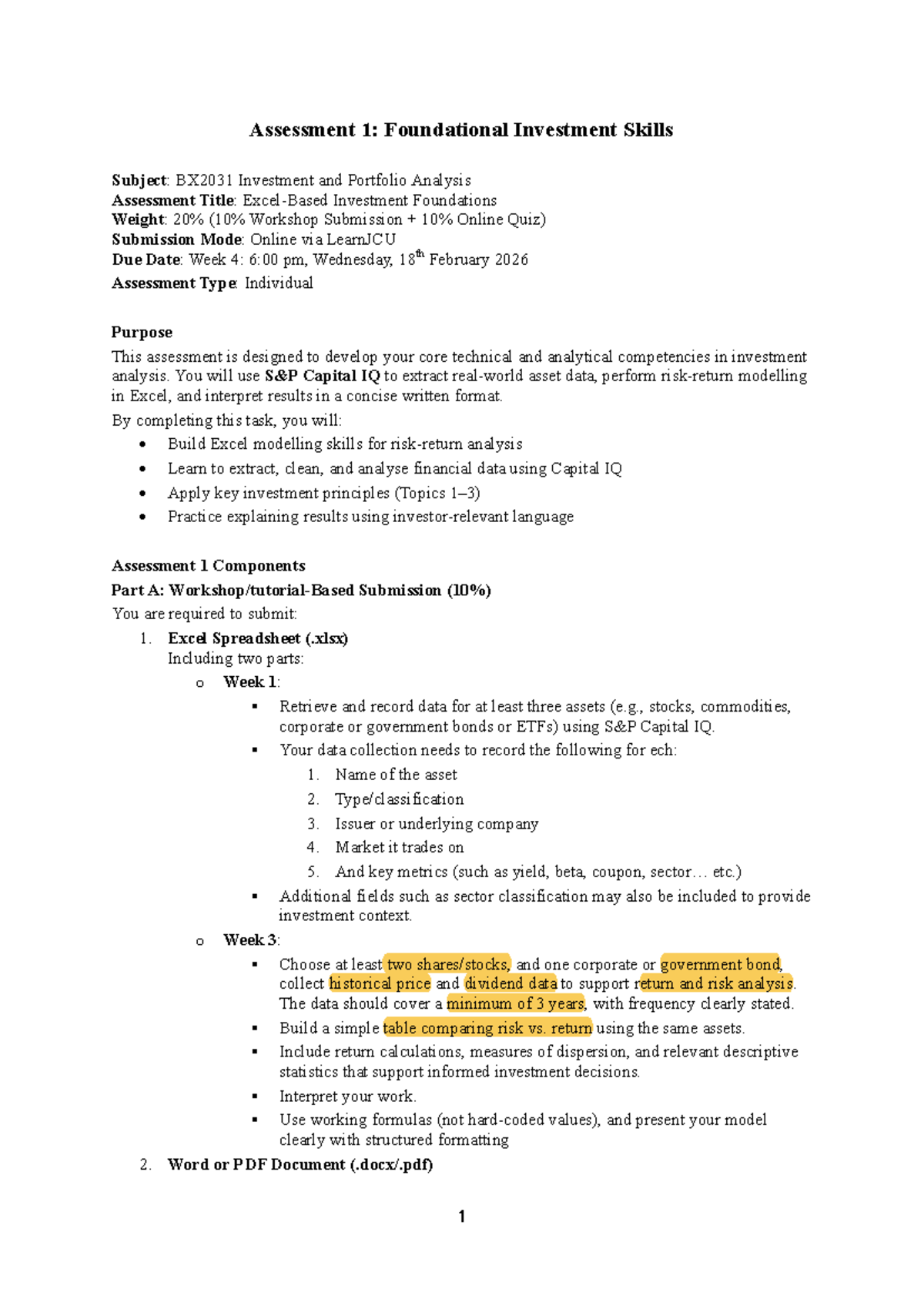 BX2031 Assessment 1: Investment Foundations Workshop Quiz Guide - Studocu